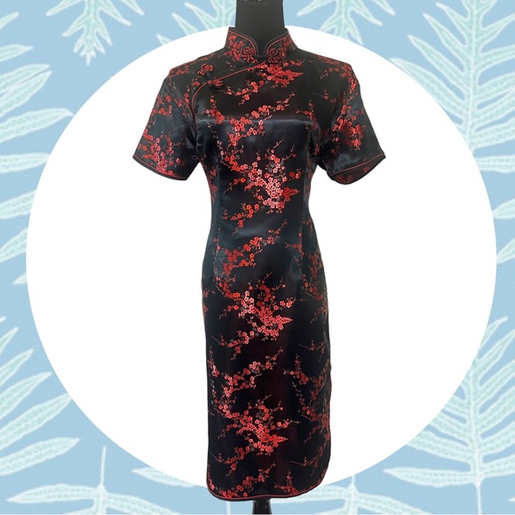 Vintage | Cheongsams & Qipaos | Vintage Cherry Red Black Pear Blossom ...